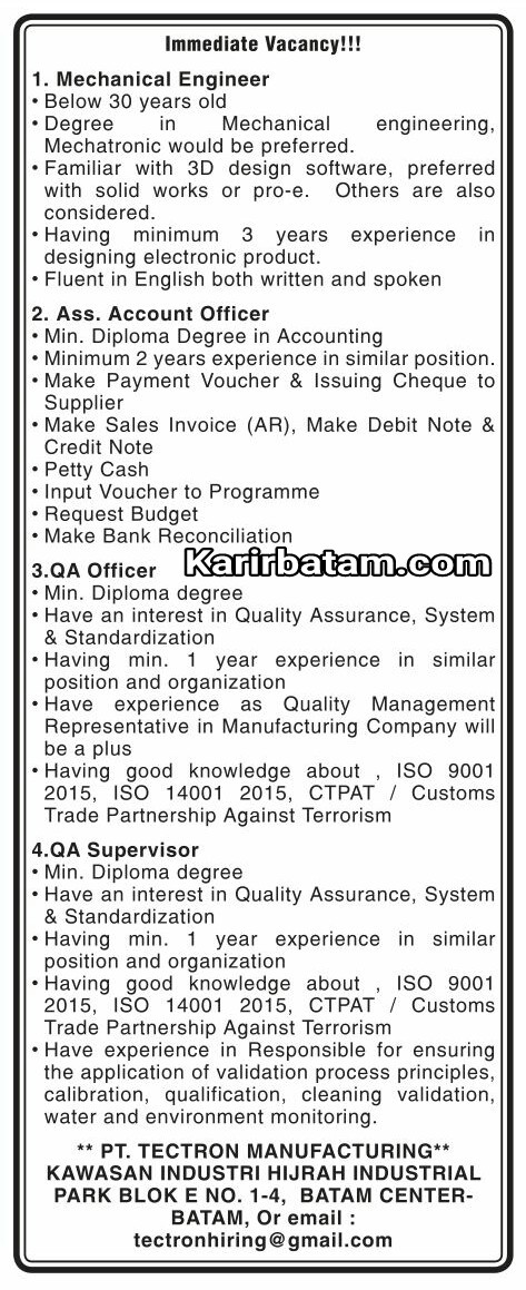 Lowongan Kerja PT. Tectron Manufacturing - Lowongan Kerja Batam 2022
