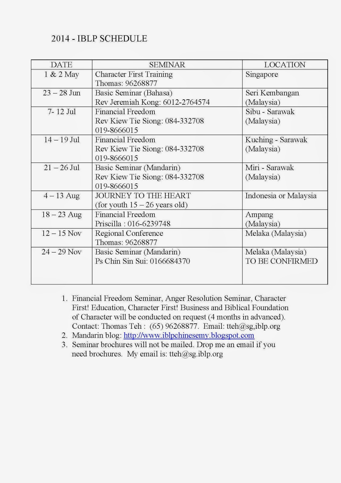 Institute in Basic Life Principles (IBLP): 2014 IBLP Schedule