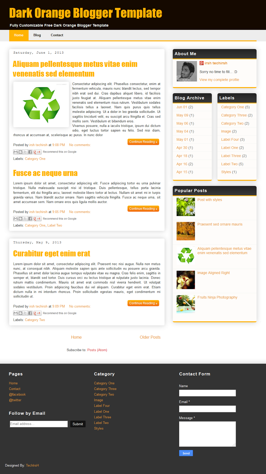 Free Dark Orange Customizable Blogger Template : techirsh