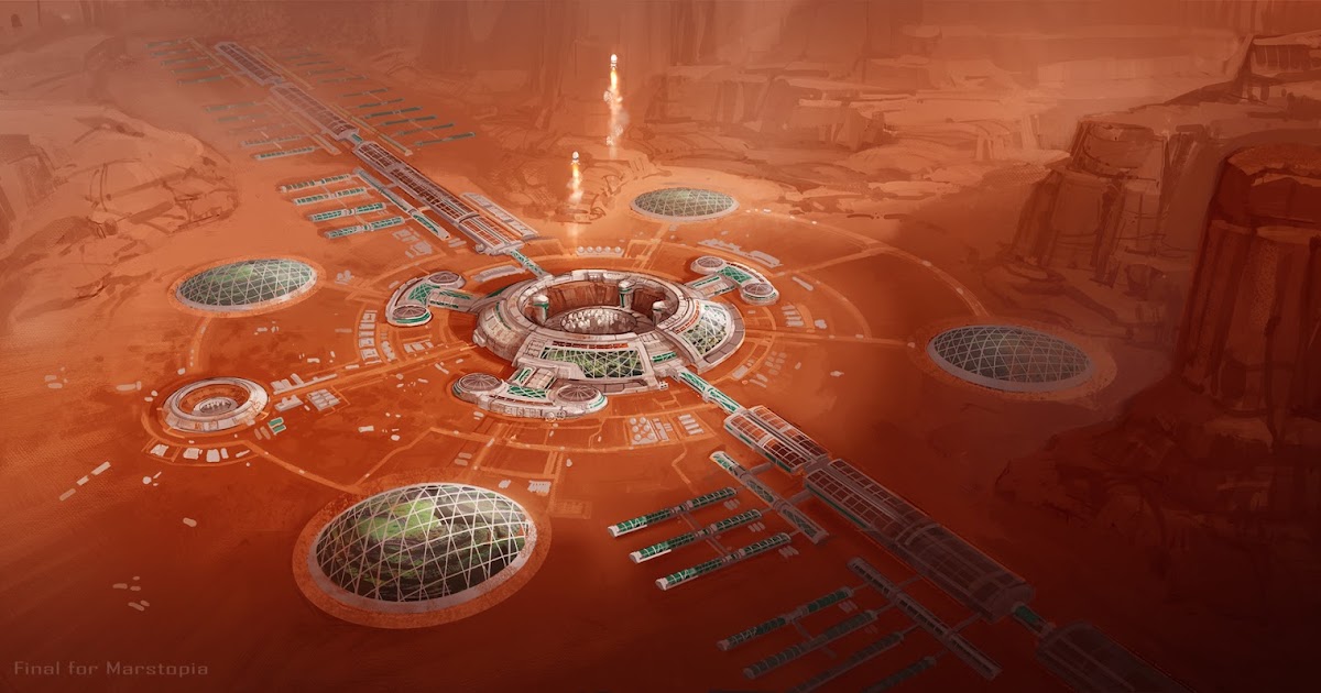 Mars colony with domed gardens and spaceport by Duncan Li | human Mars