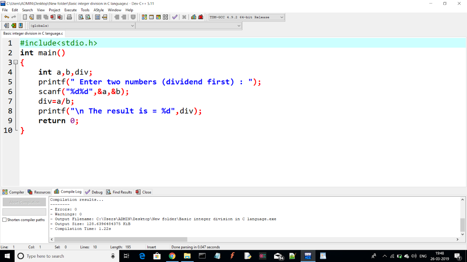 Basic integer division in C language Basic integer division in C language