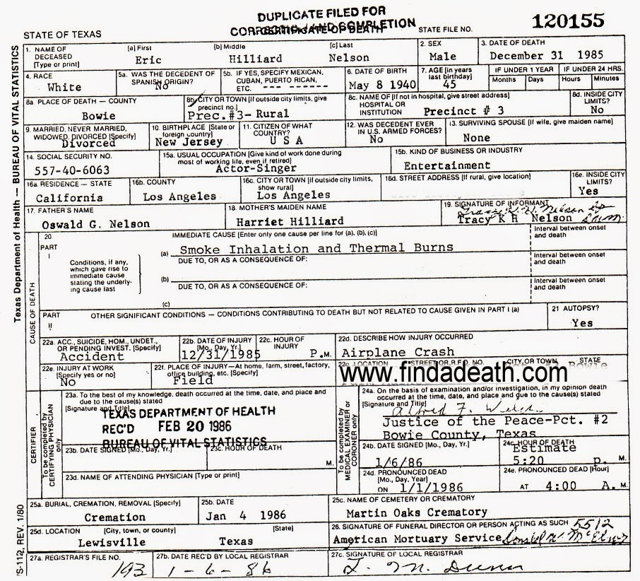 Dearly Departed Tours Hollywood: Today is Ricky Nelson's 29th Deathaversary