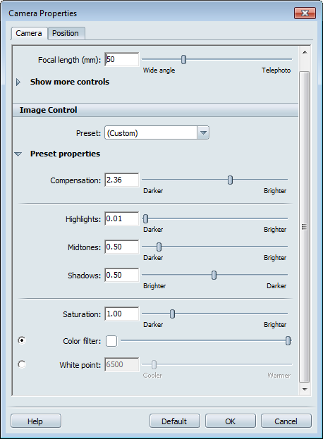 The new camera properties.