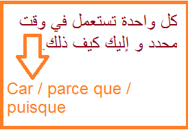 كل واحدة تستعمل في وقت محدد Car / parce que / puisque - outils francais