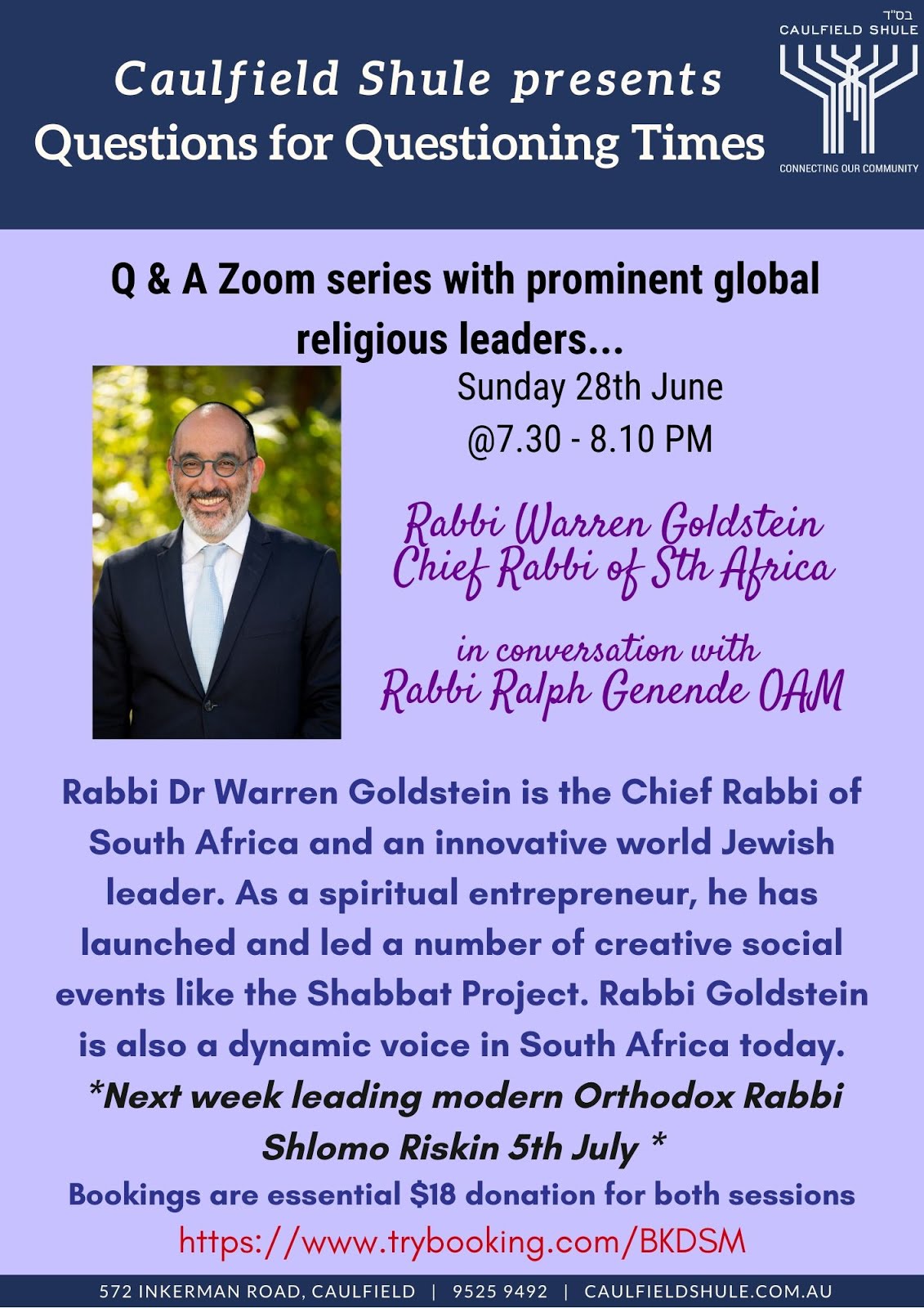 Emmanuel's Email : Caulfield Shule proudly presents Rabbi Dr Warren ...