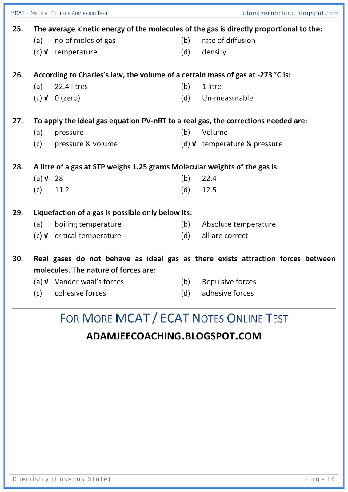 Adamjee Coaching: MCAT Chemistry [Gaseous State] Mcqs for Medical Entry ...
