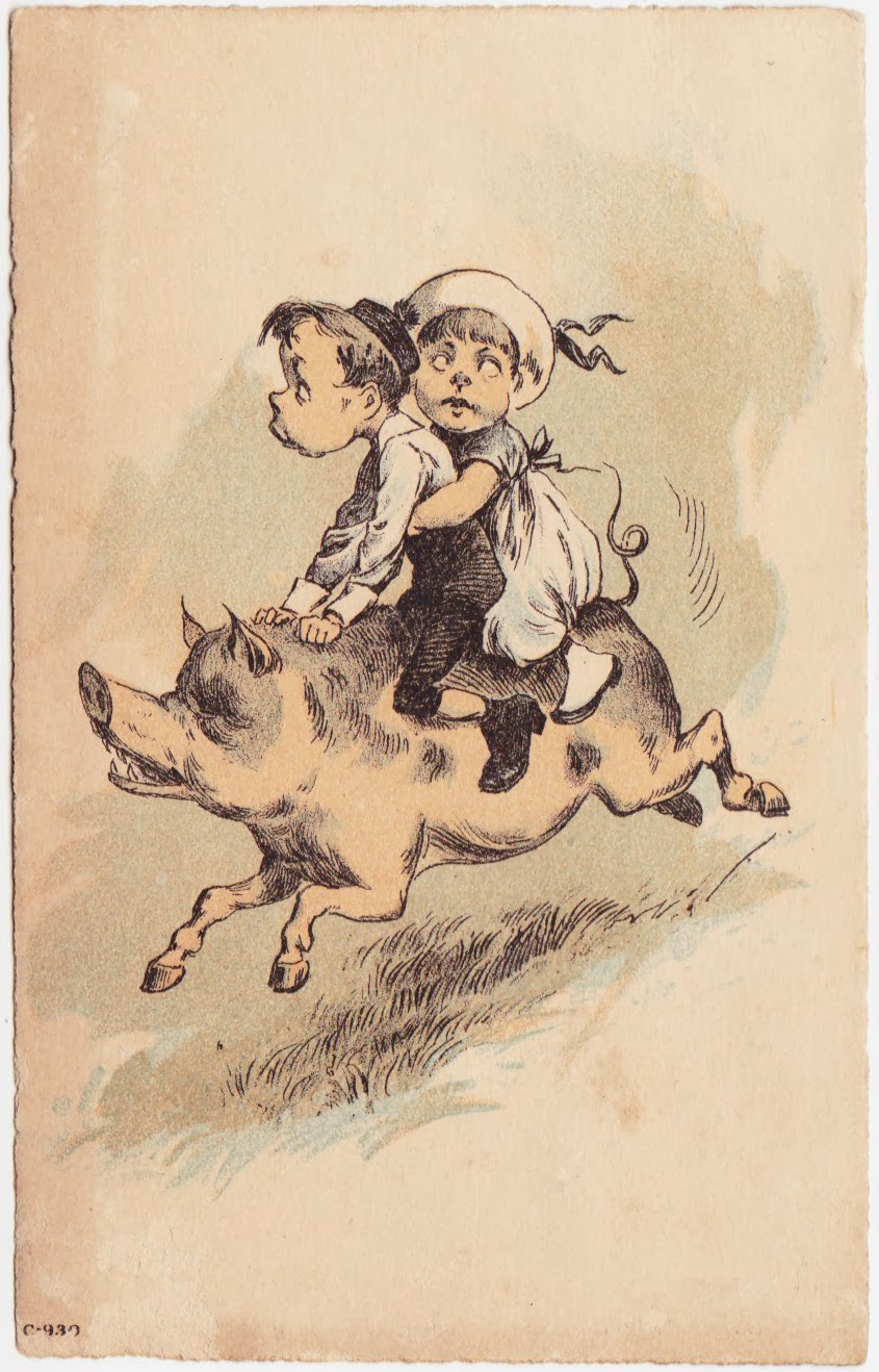 Papergreat: Vintage trade card featuring two kids riding a large pig
