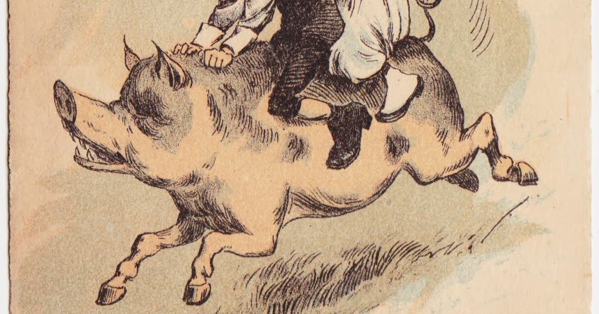 Papergreat: Vintage trade card featuring two kids riding a large pig