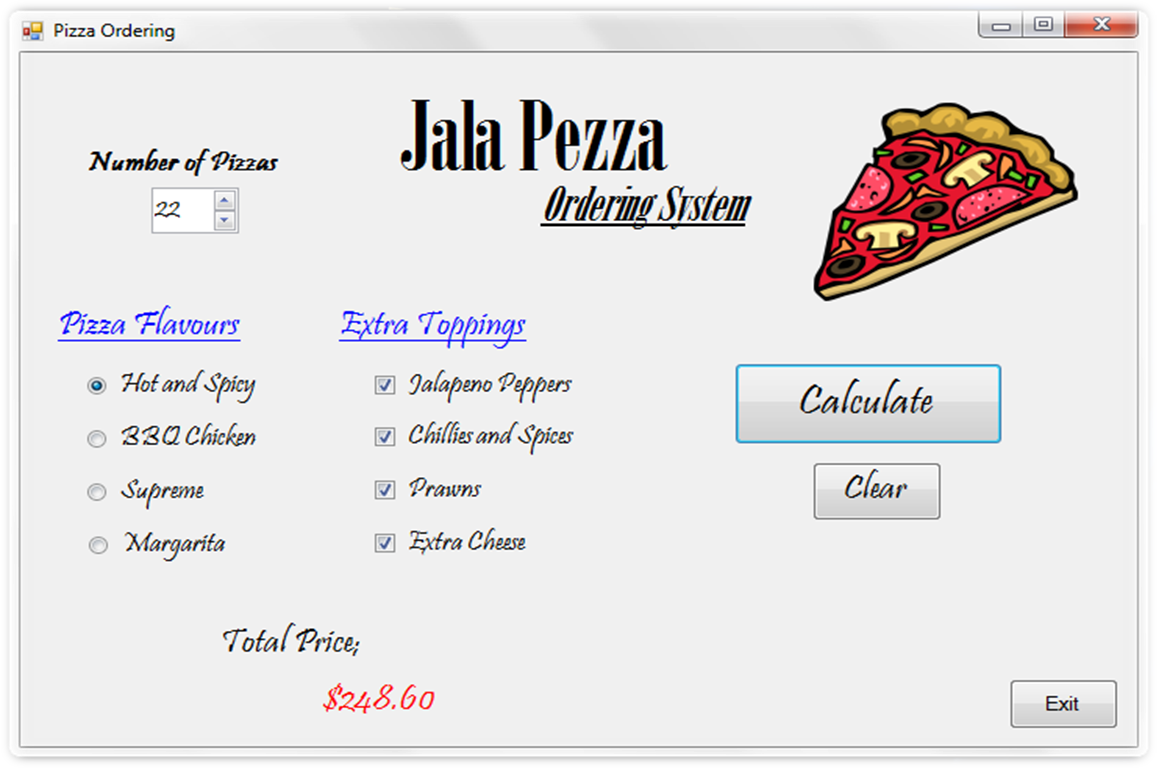Sahan's IT Applications Unit 2: Jala Pezza Pizza Ordering - Visual Basic