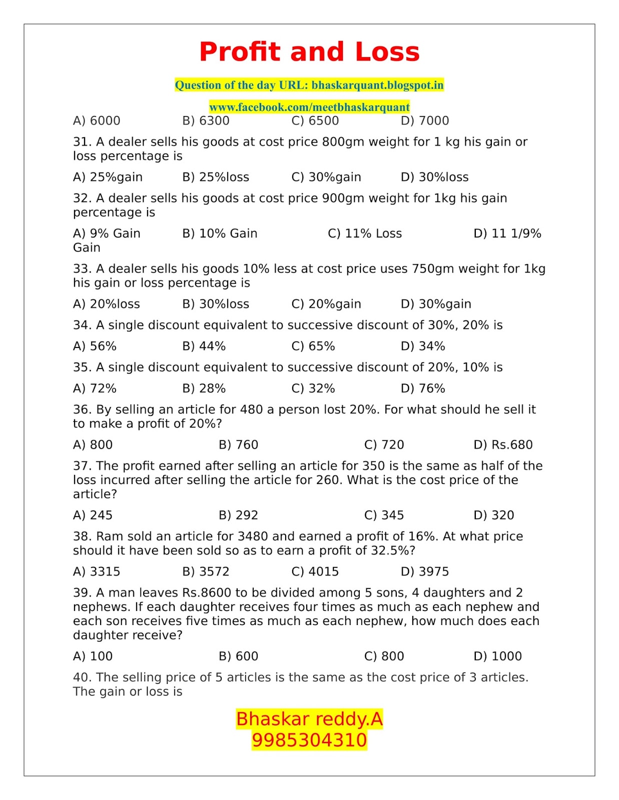 Bhaskar Reddy Ankireddypalli Aptitude Classes: Profit and Loss Sample ...