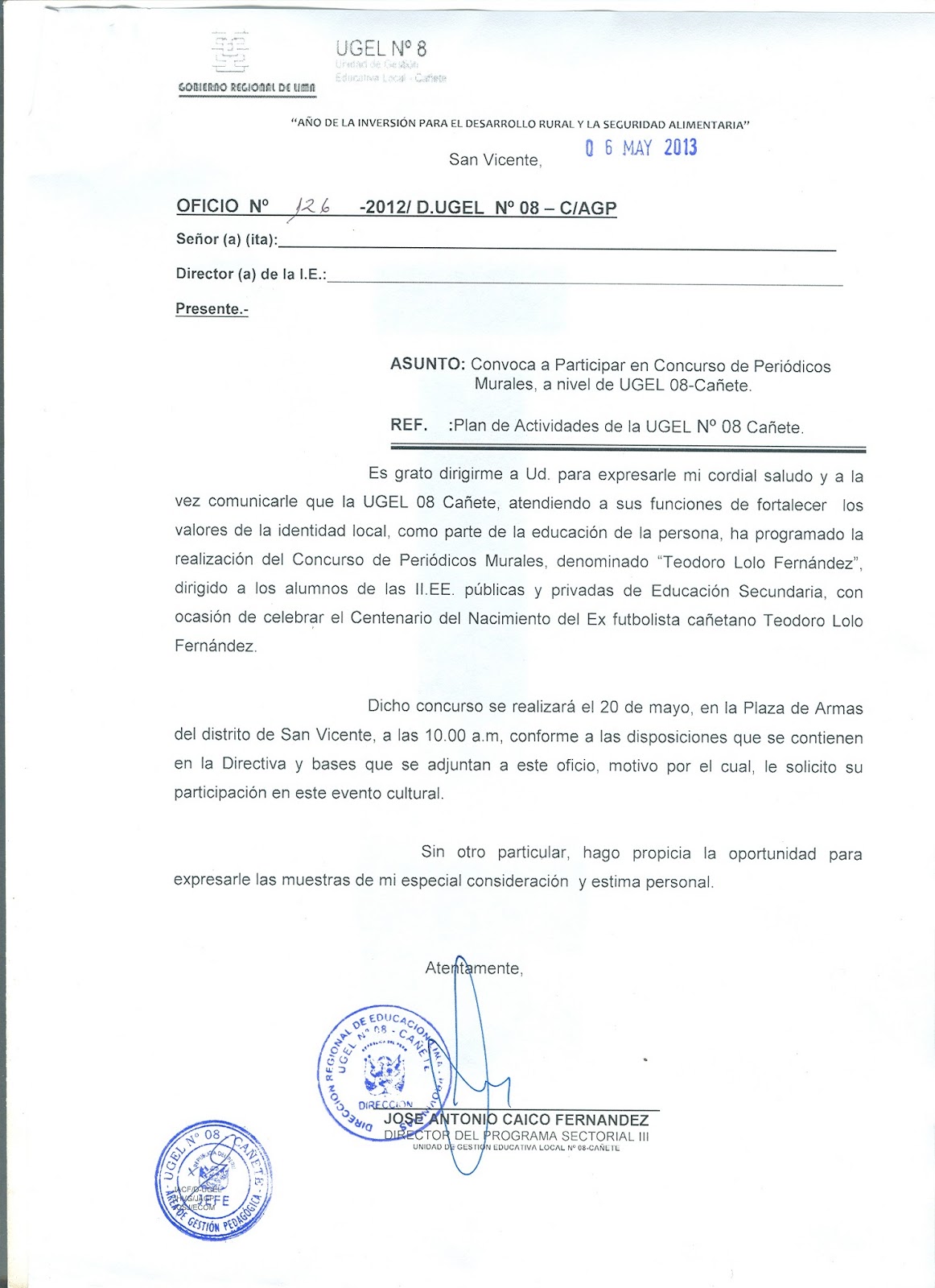 UGEL Nº 08 - CAÑETE: OFICIO DE CONVOCATORIA PARA PARTICIPAR EN CONCURSO ... UGEL Nº 08 - CAÑETE: OFICIO DE CONVOCATORIA PARA PARTICIPAR EN CONCURSO ...