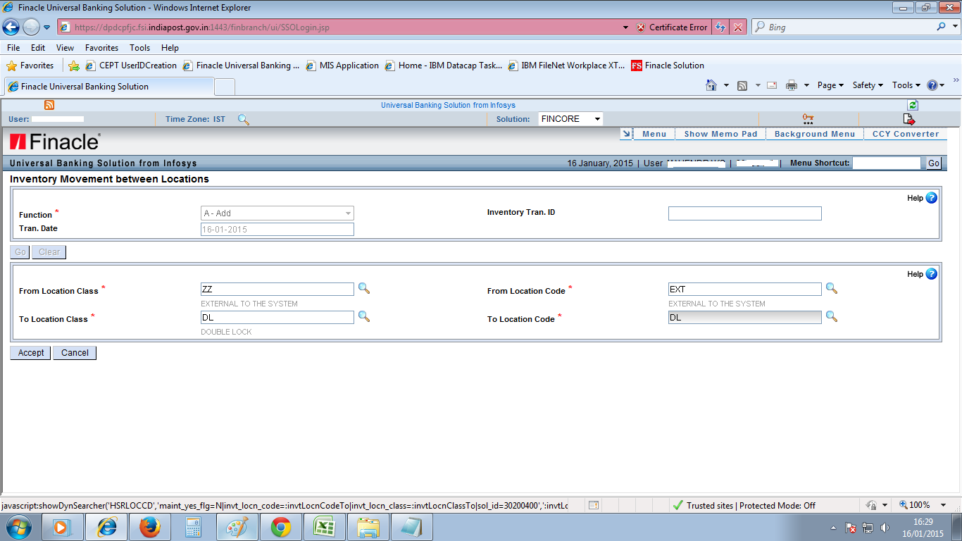 Inventory Movement (HIMC) in DOP Finacle