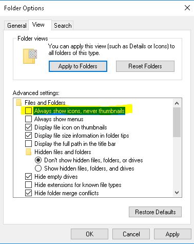 Enable thumbnail preview in Windows 10