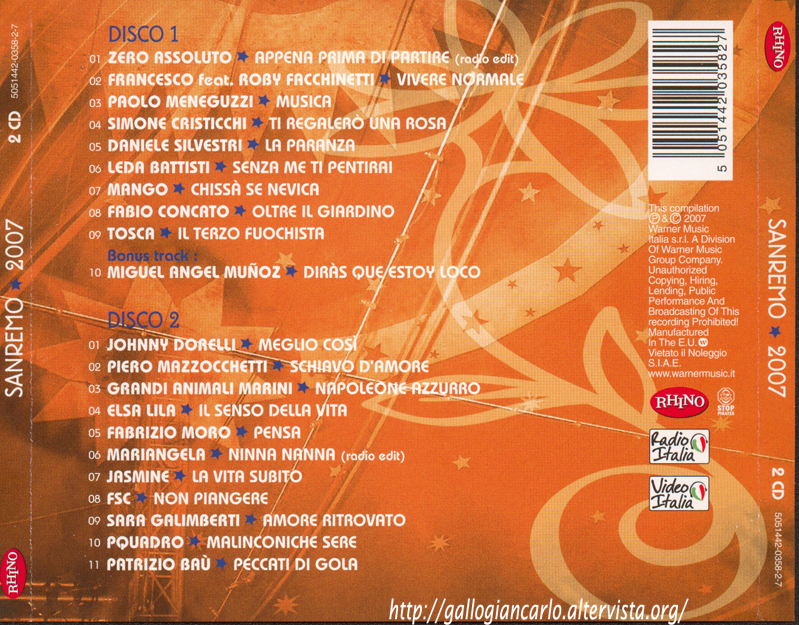 Sanremo 2007 – 2 Cd compilation – CD EAN 5051442035827 – – Fotografie ...