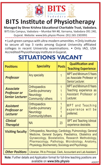 BITS Institute of Physiotherapy, Vadodara, Wanted Teaching Faculty ...