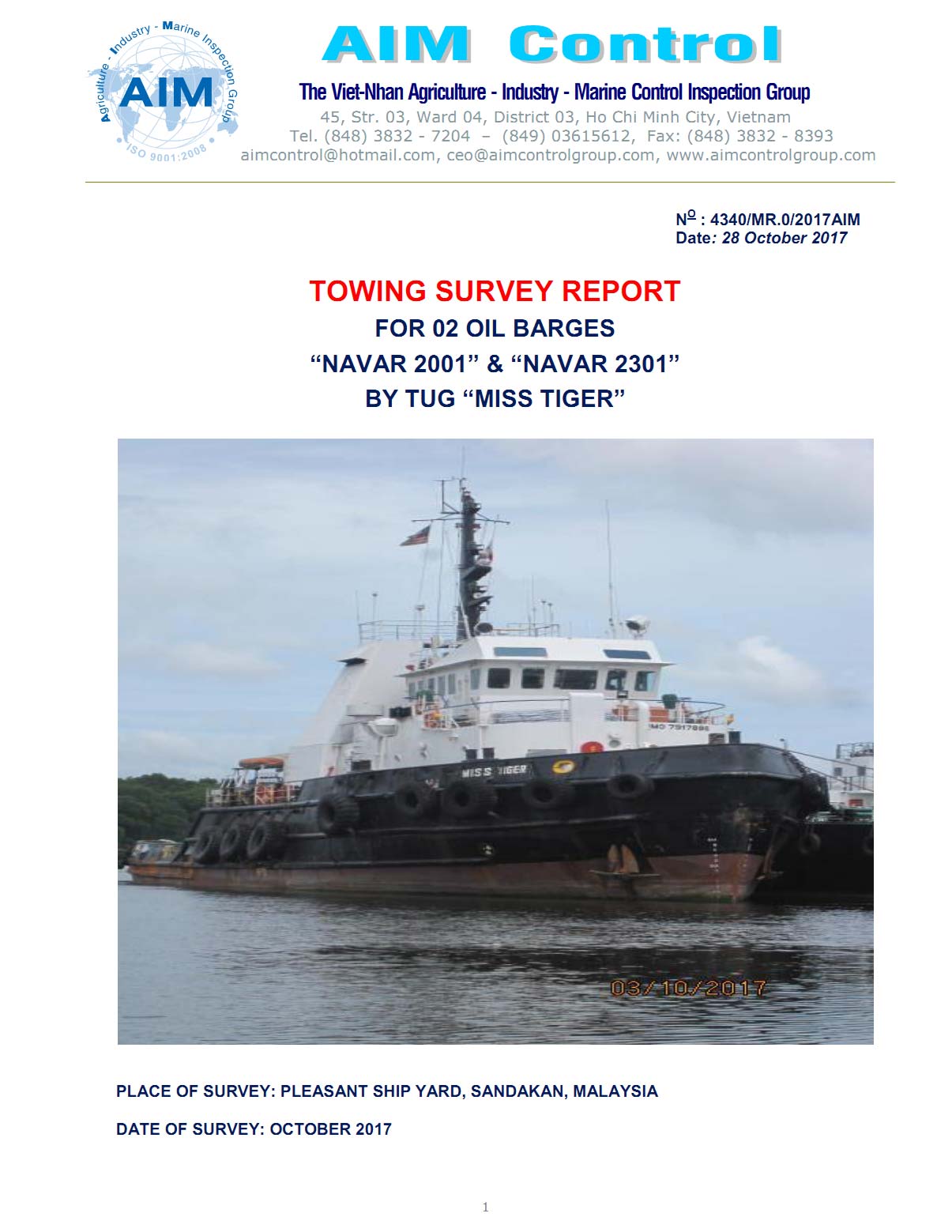 Marine warranty survey and approval of certificate for tow towage towing