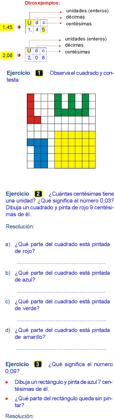 LAS CENTESIMAS EN PRIMARIA EJEMPLOS Y EJERCICIOS DE MATEMATICAS