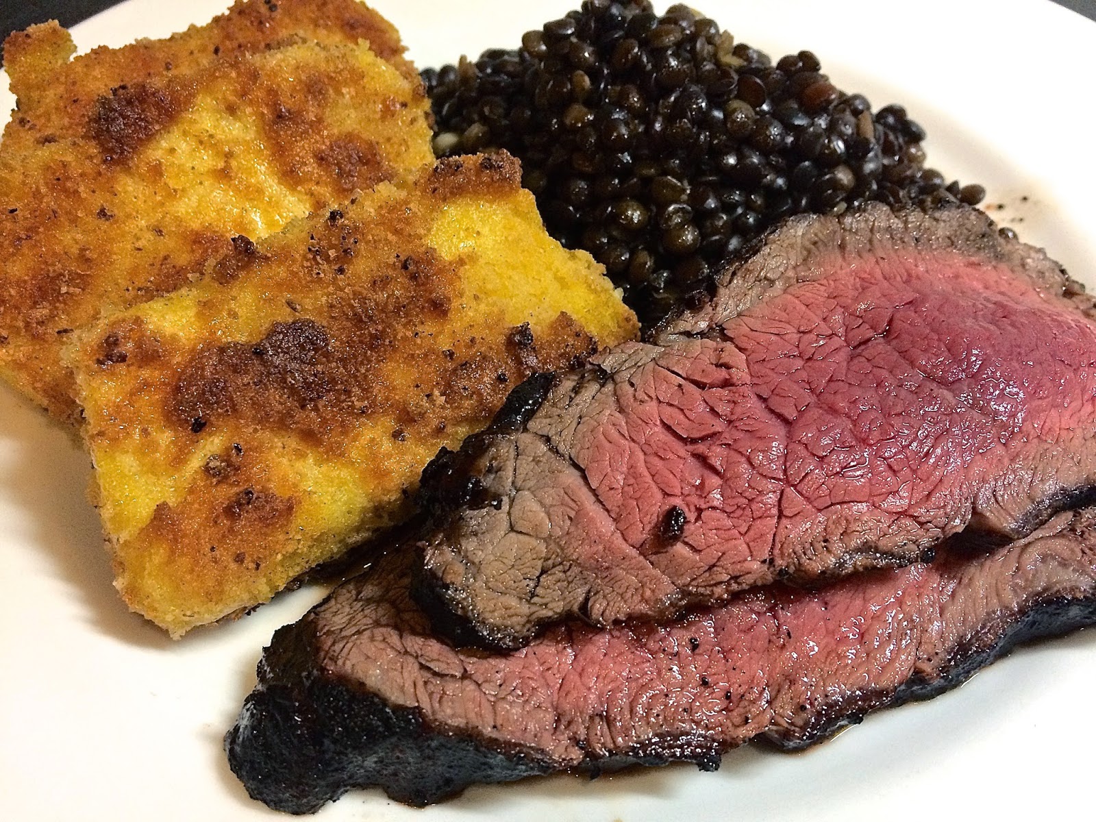 Behind The Burners: BARBEQUED RUMP CAP WITH FRIED POLENTA AND PUY LENTILS