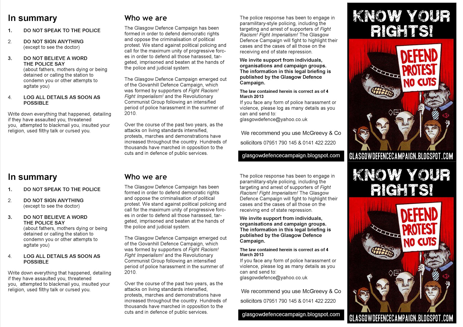 Glasgow Defence Campaign: Know your rights! Bust card