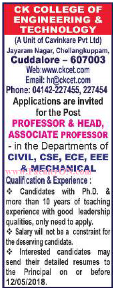 CK College of Engineering and Technology, Cuddalore, Wanted HOD ...