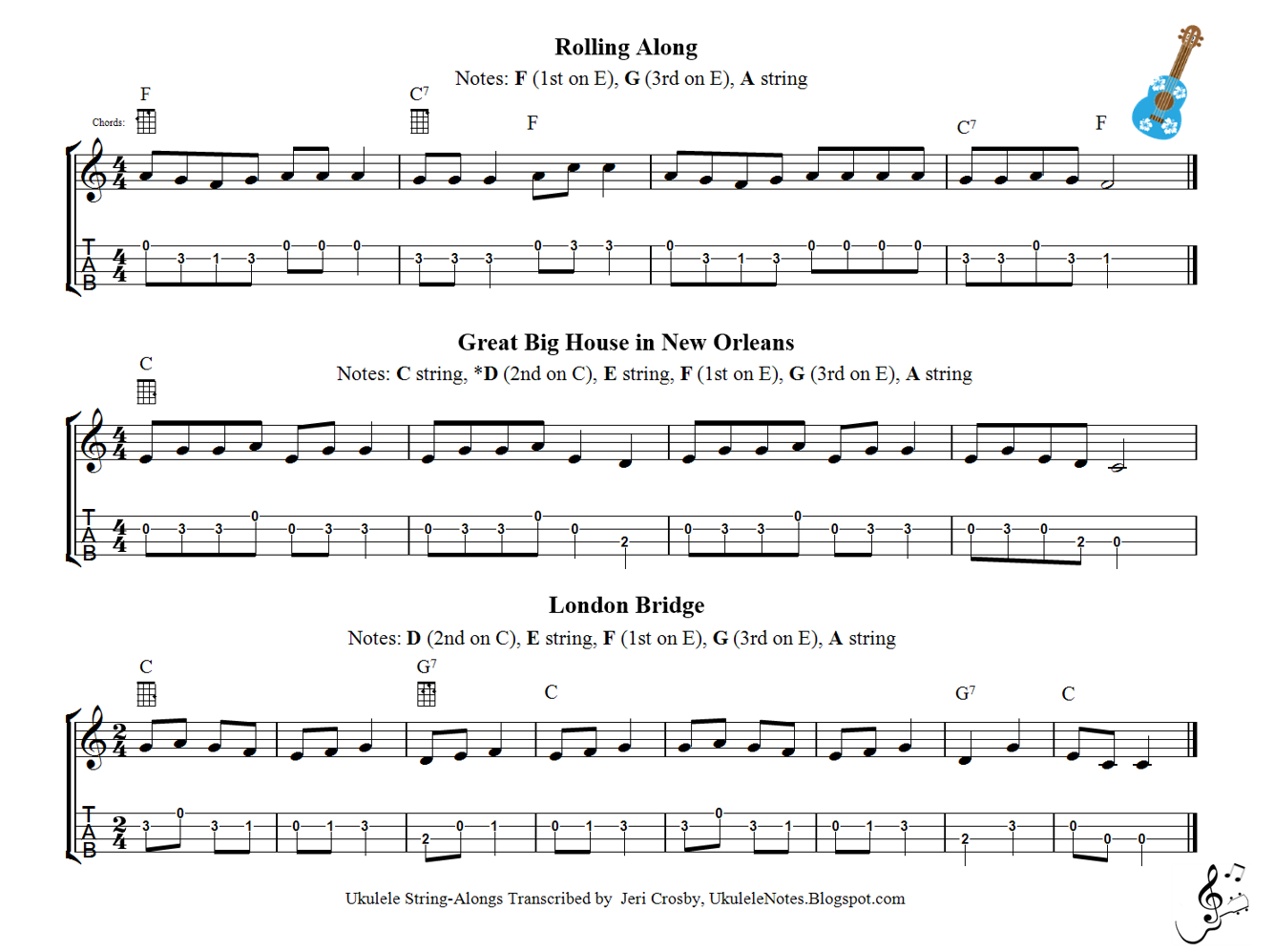 Jeri's YOUkulele Notes: Folk Melodies in Tab and on the Staff