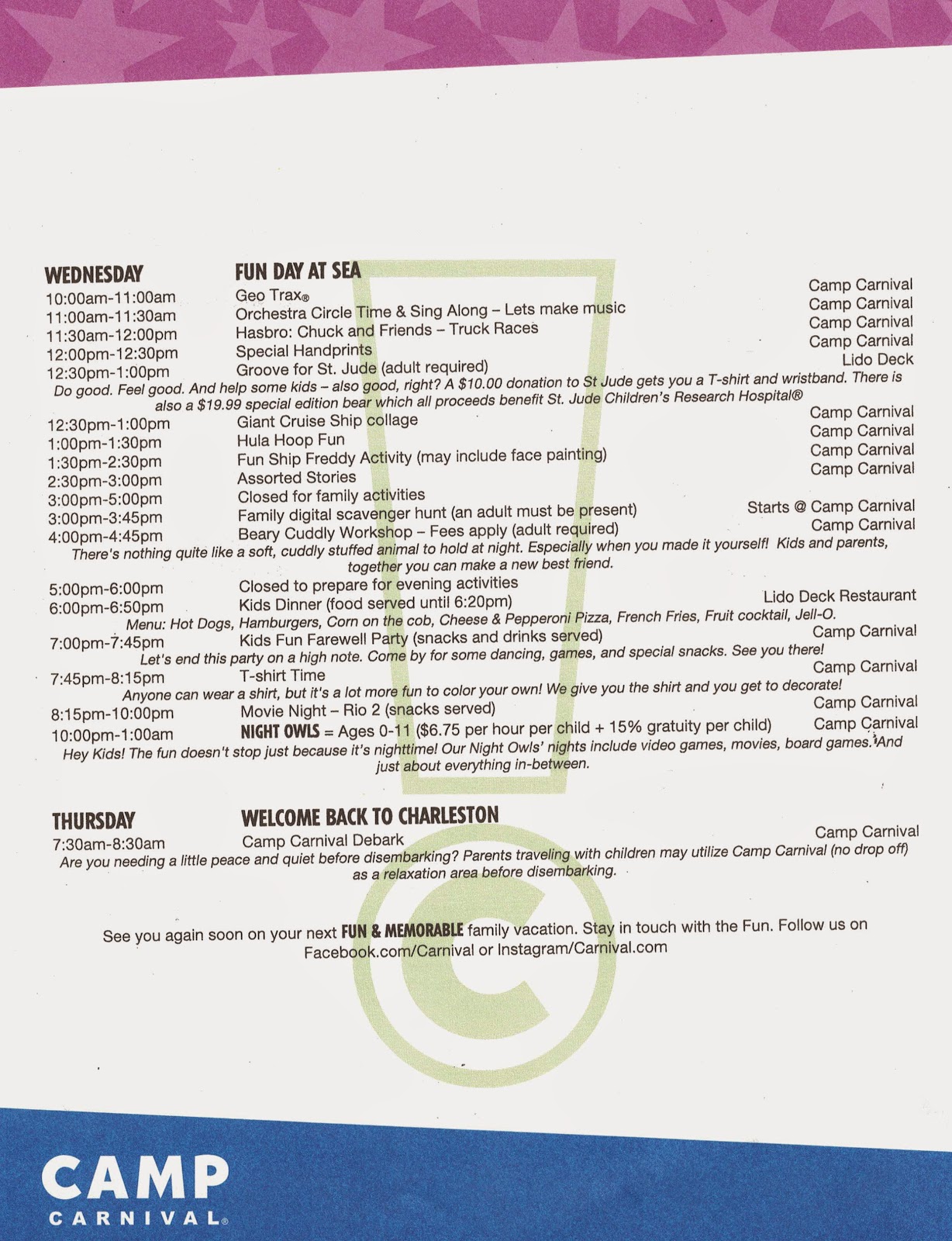 Carnival Cruise Lines Camp Carnival Schedules for ages 2-5, 6-8, and 9 ...