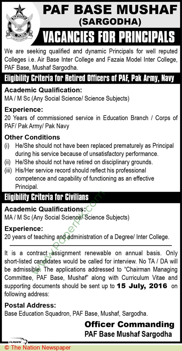 Paf Base Mushaf Sargodha Jobs For Principals ~ Jobs and Vacancies