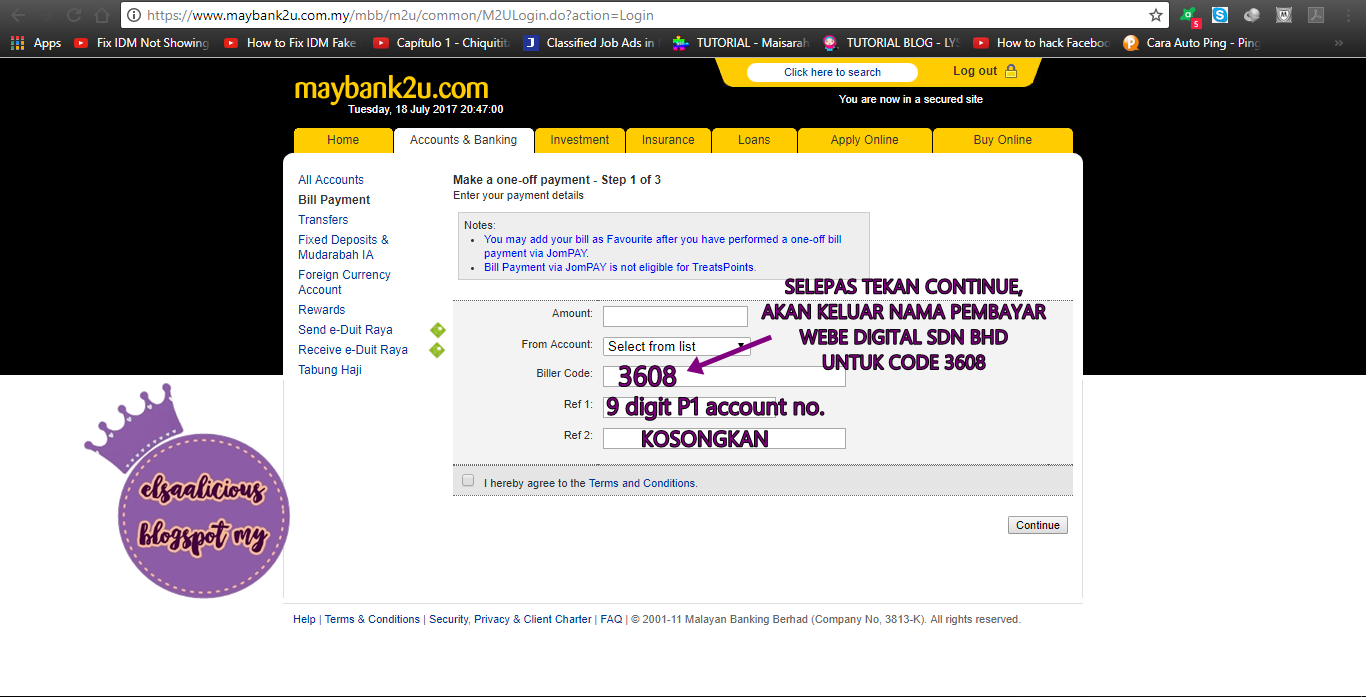 Cara Buat Pembayaran Bil Internet P1 Menggunakan Maybank2u