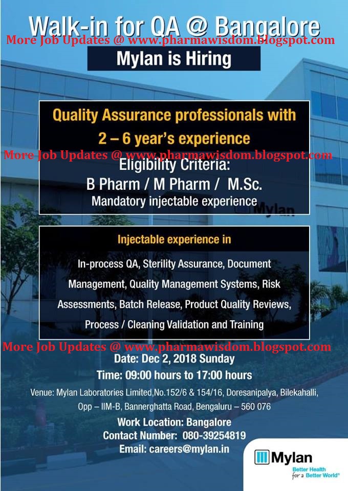 Mylan Laboratories - Walk-In for QA on 2nd Dec' 2018 @ Bangalore ... Mylan Laboratories - Walk-In for QA on 2nd Dec' 2018 @ Bangalore ...