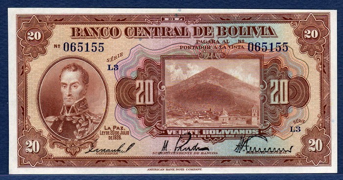 Bolivian Currency 20 Bolivianos 1928 Simon Bolivar|World Banknotes ...