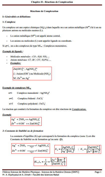 Cours Réactions Complexation SMPC S2 FSR | SMC