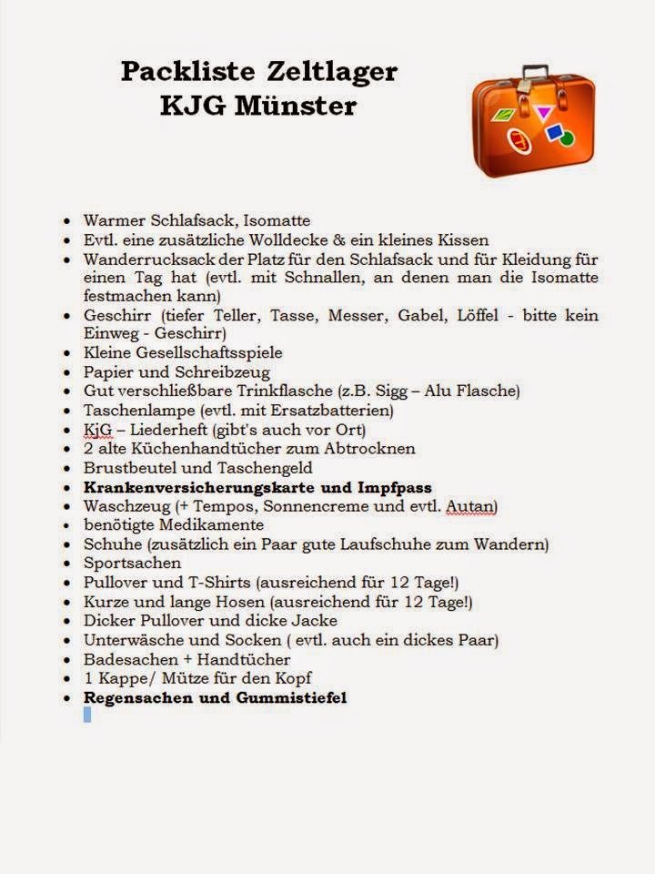 KjG Münster: Packliste Zeltlager