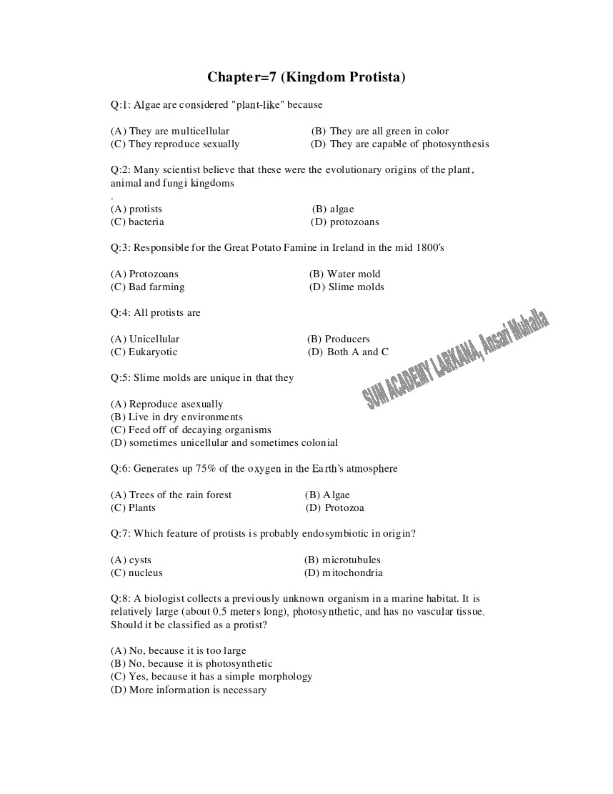 SUM ACADEMY LARKANA: Chapter : 7 (Kingdom Protista) MCQ Test