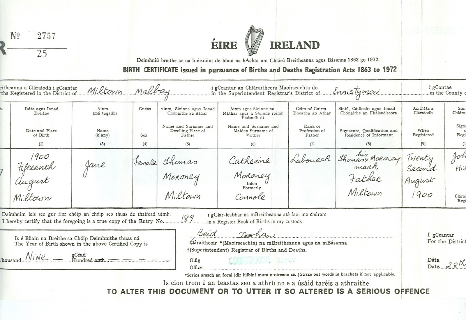 Moroney Family of Miltown Malbay, Co. Clare, Eire: JANE MORONEY 1900-1974