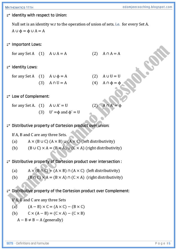 Adamjee Coaching: Sets - Definitions and Formulae - Mathematics 11th