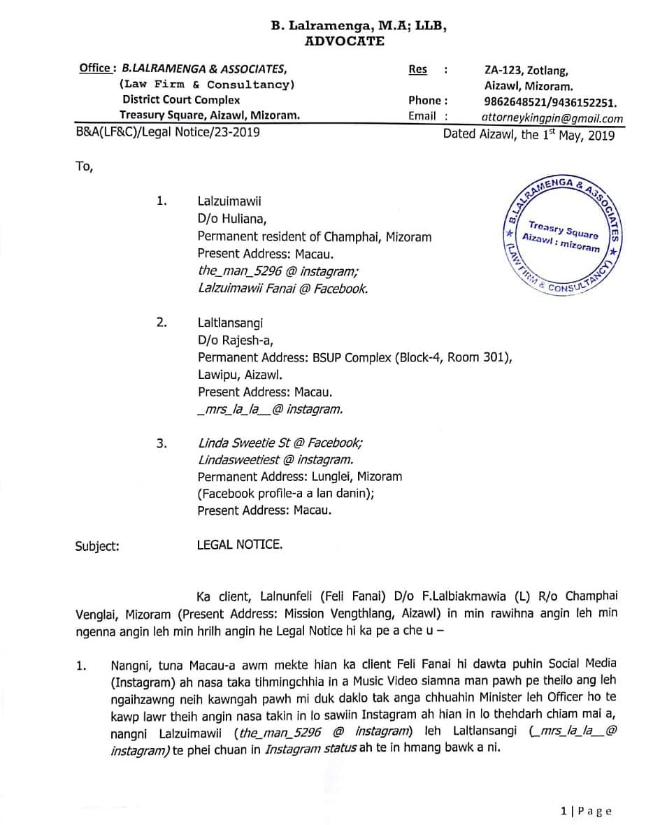 Social Mediaa Feli Fanai mawi lo taka beitute legal notice pek an ni