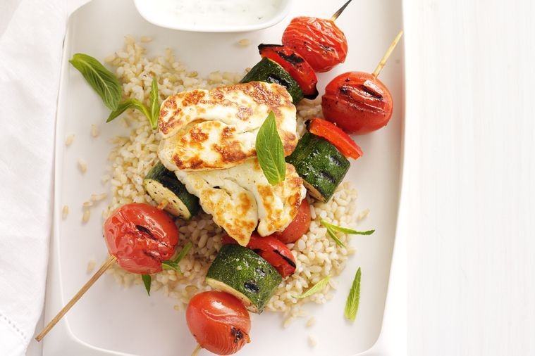 Vegetable kebabs with grilled haloumi, garlic yoghurt and lemon rice ...