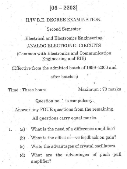 Andhra University B.E EEE Analog Electronic Circuits 2015 Question ...