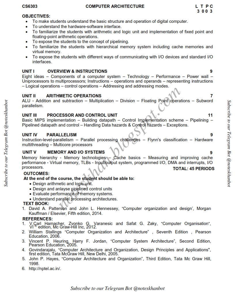Cs6303 Computer Architecture Syllabus Semester Iii It Btech Anna University Regulation 2013