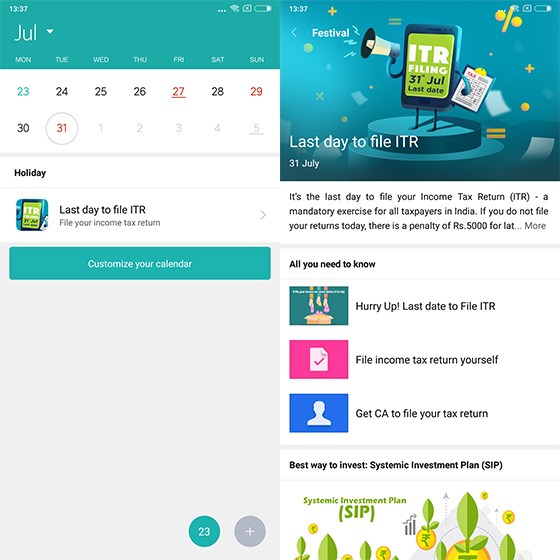 Mi Calendar App on MIUI Gets ClearTax Integration to Submit IT Returns