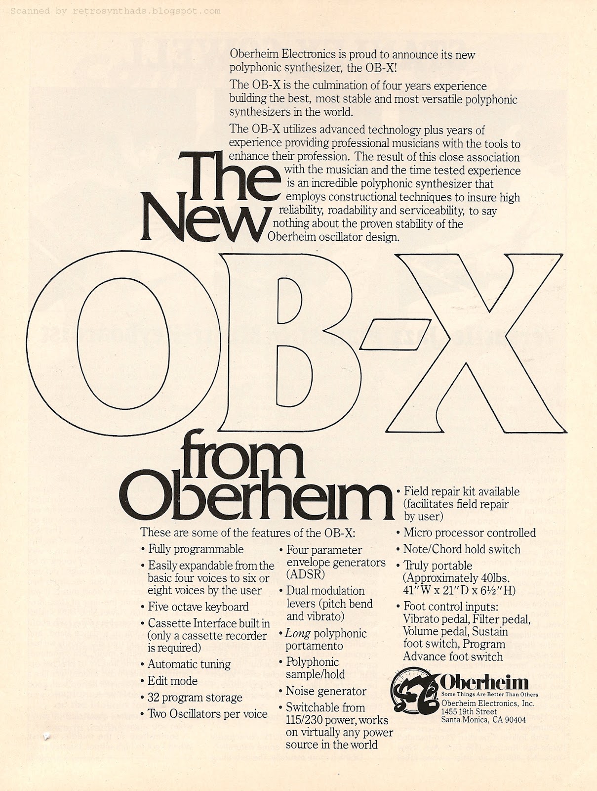 Retro Synth Ads: Oberheim "New OB-X" introductory ad, Contemporary ...