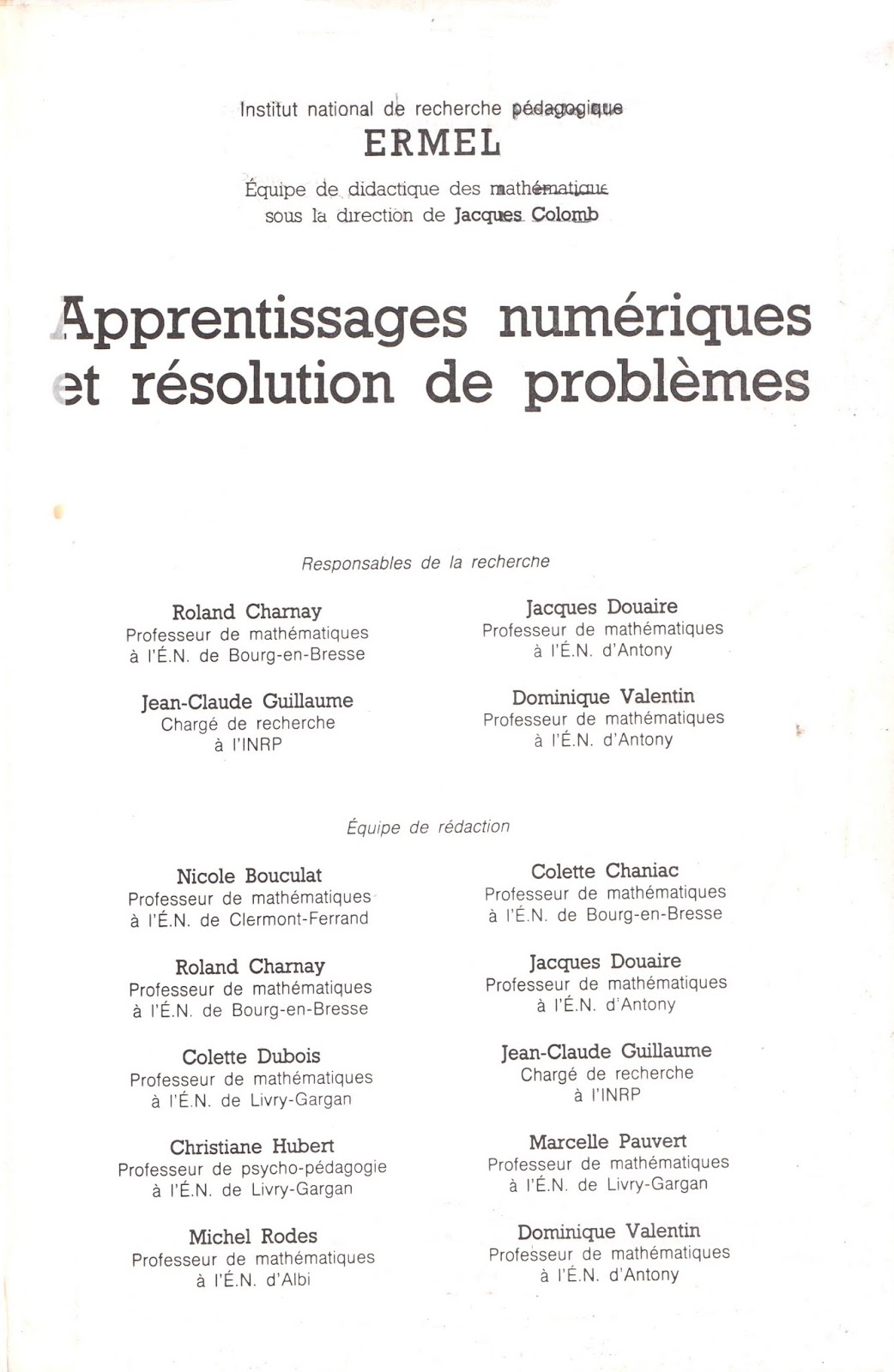 école : références: Ermel, Apprentissages numériques GS (1990)