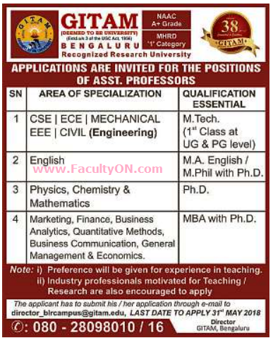 GITAM University Bangalore Assistant Professor Jobs May 2018 - Faculty Teachers