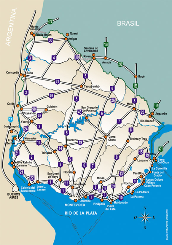 Lugares turisticos del Uruguay: Mapa de Rutas del Uruguay