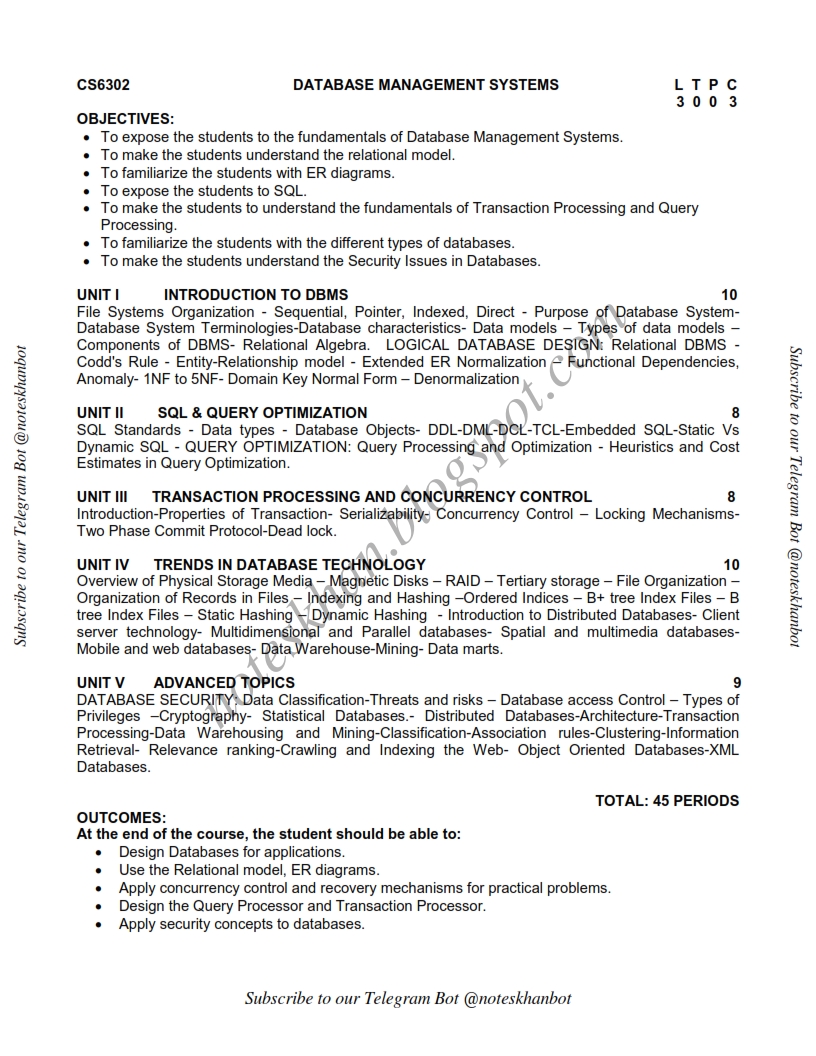 CS6302 DATABASE MANAGEMENT SYSTEMS Syllabus Semester III IT BTECH Anna ...