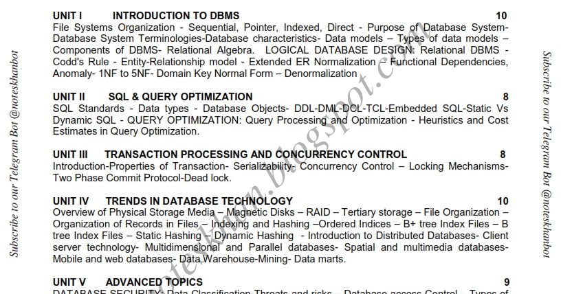 CS6302 DATABASE MANAGEMENT SYSTEMS Syllabus Semester III IT BTECH Anna University-Regulation ...