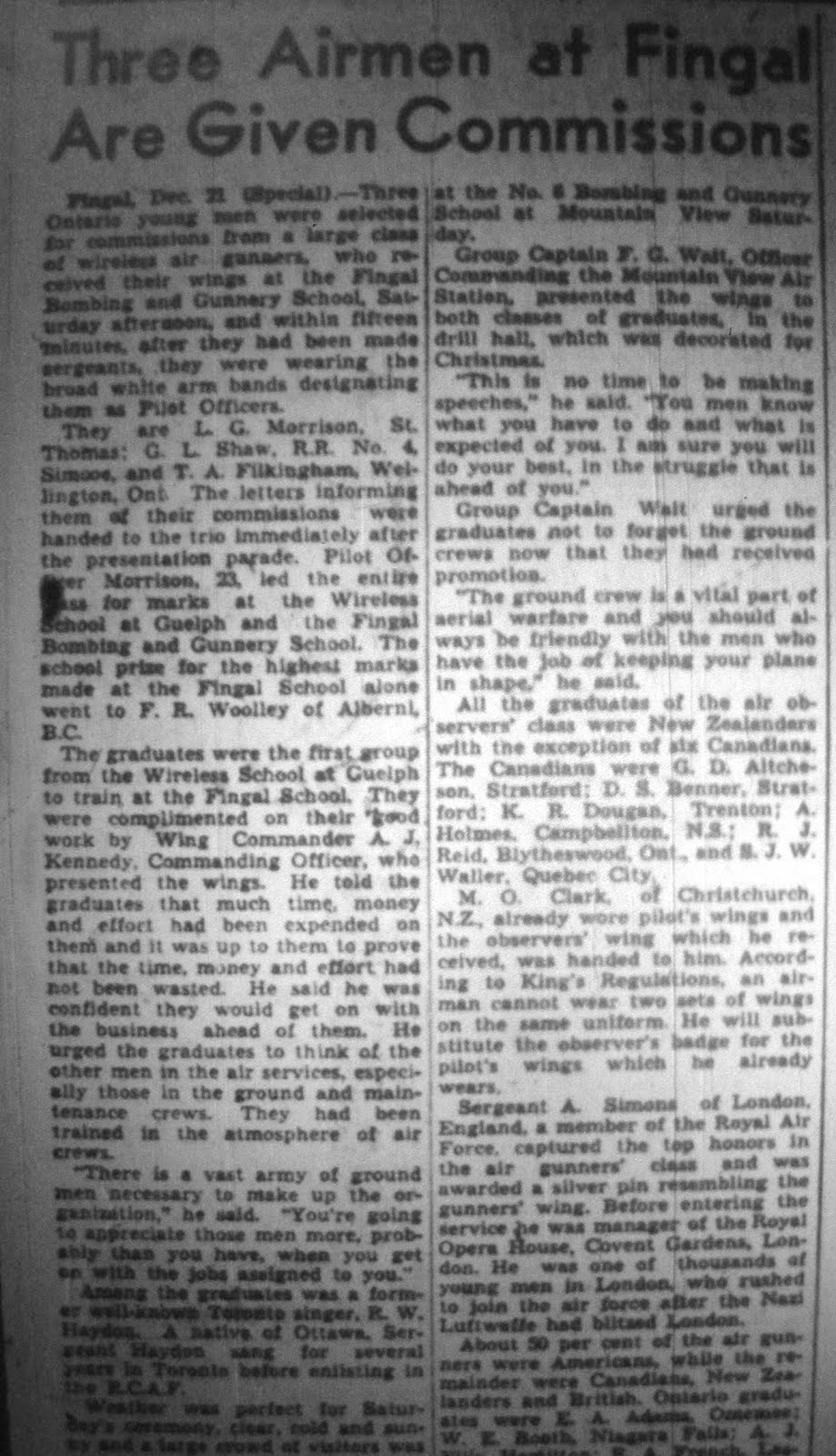NO. 4 BOMBING & GUNNERY SCHOOL FINGAL: December 20, 1941
