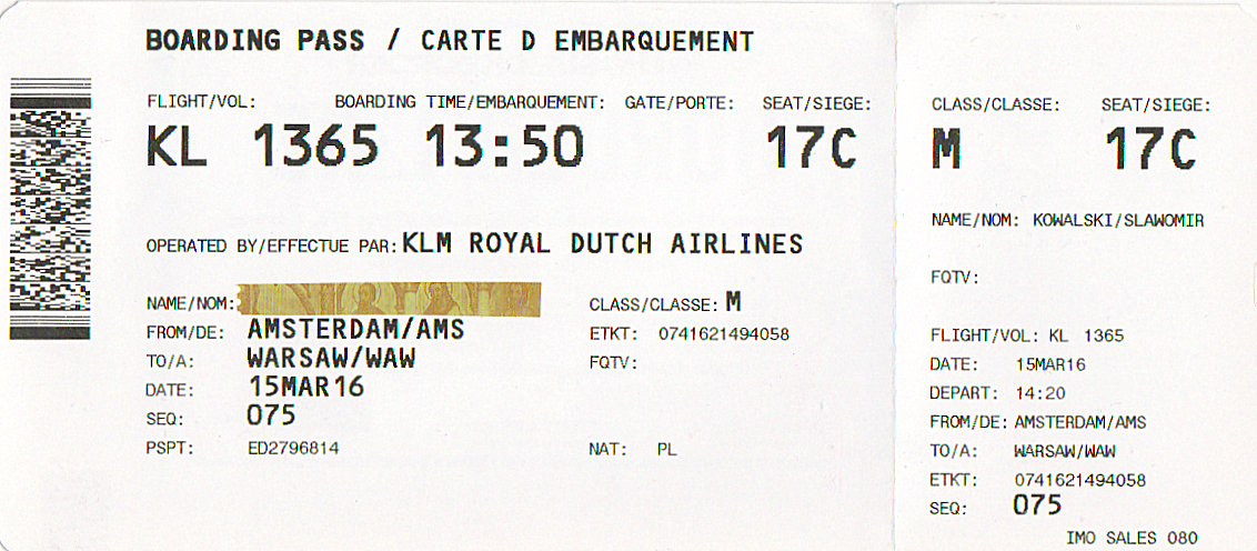 The traveler's drawer: KLM. Boarding pass for the flight KL 1365 from ...