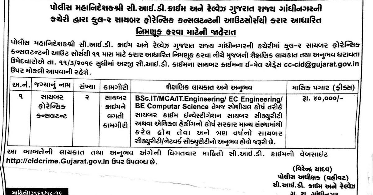 CID Crime Gujarat Recruitment for Cyber Forensic Consultant Posts 2019