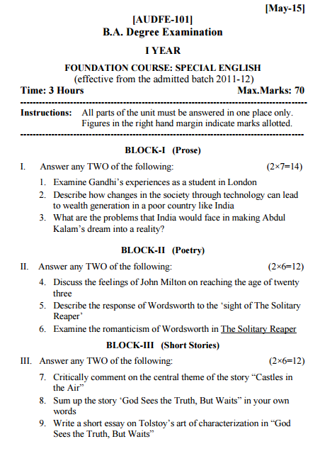 GITAM University BA SPECIAL ENGLISH May 2015 Question Paper ...